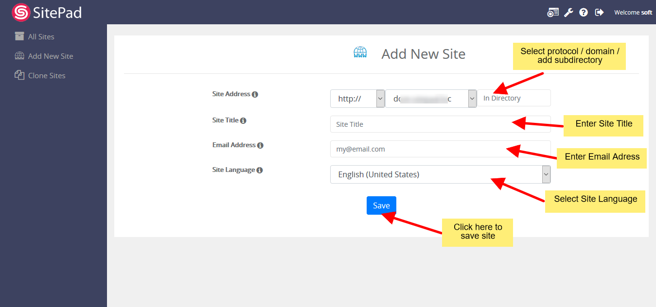 Add / Edit Site – SitePad